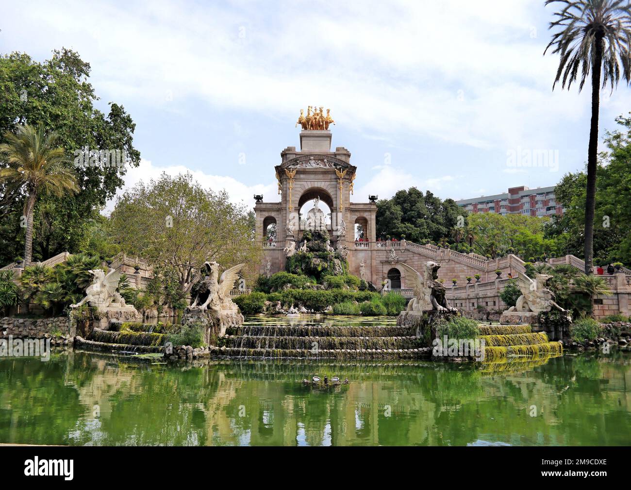 Barcelona, Spain - May 2018: A monumental two level fountain i with an ...