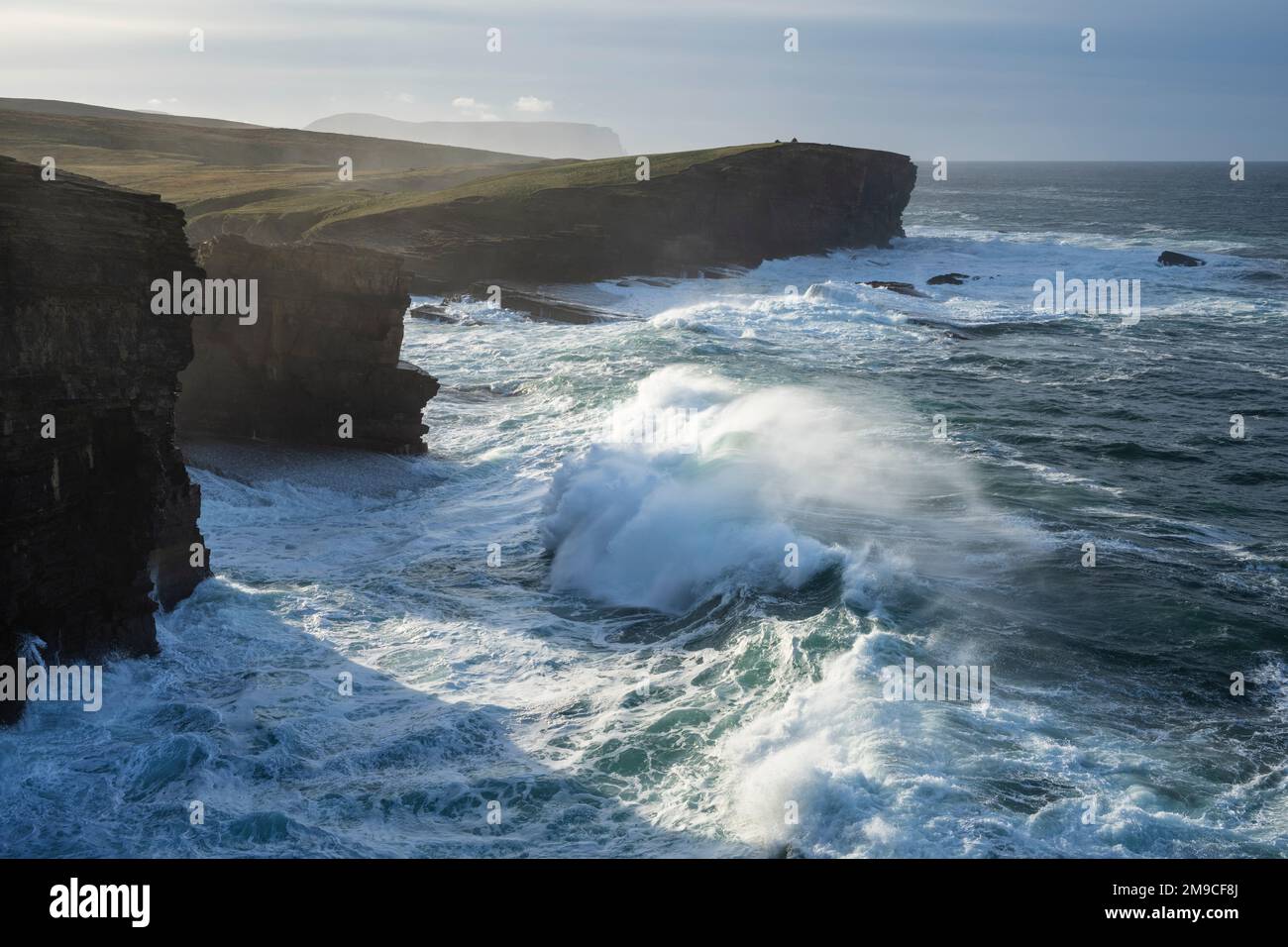 Waves crash into cliffs at Yesnaby, Orkney Islands, Scotland Stock ...