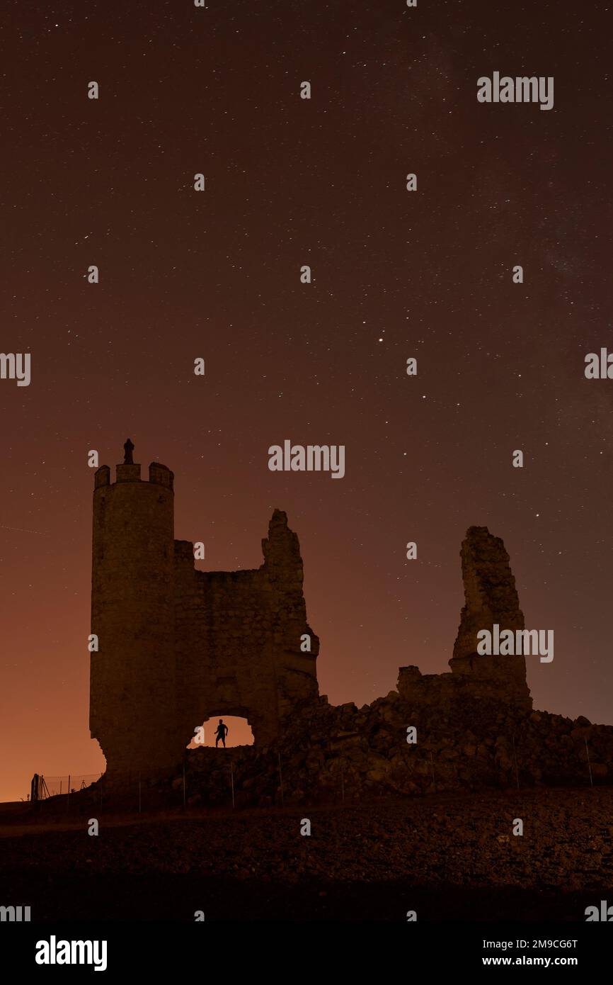Caudilla castle in ruins at night with the Milky Way. Spain Stock Photo ...