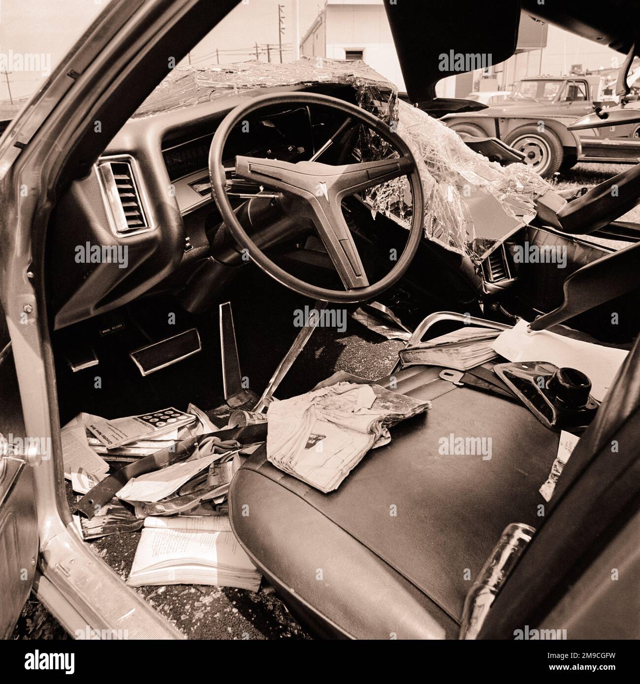1970s RUINED INTERIOR OF FRONT SEAT OF CAR AFTER CRASH AND DAMAGE BY ...