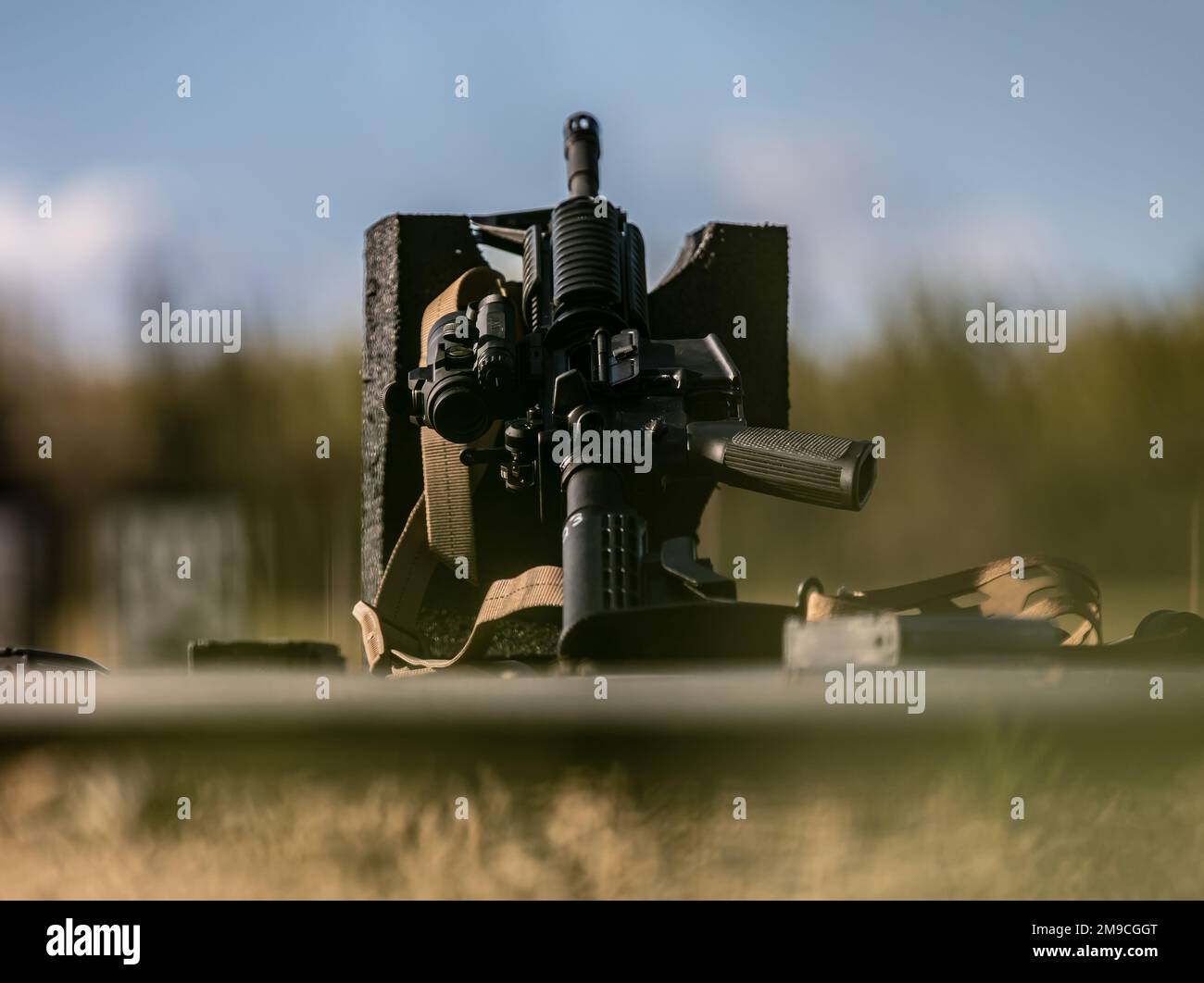 An M4 rifle rests on a block during 2022 Best Squad Competition's M4 ...