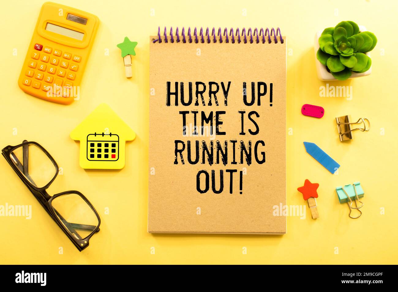 Time is running, text on notepad with clock on white background Stock ...