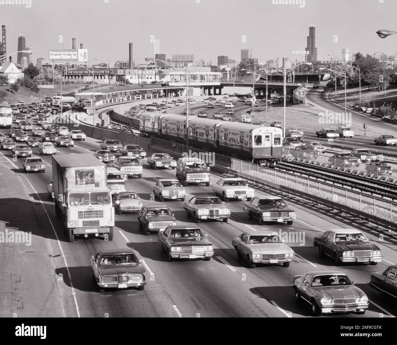 1970s KENNEDY EXPRESSWAY CAR TRAFFIC AND A CTA TRAIN FROM THE LOOP ...