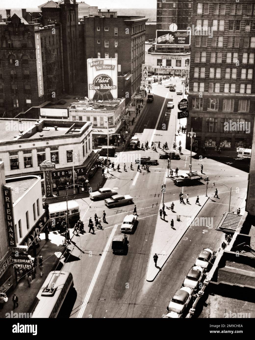 1950s FIVE POINTS INTERSECTION PEDESTRIANS AUTOMOBILES ELECTRIC BUS ...