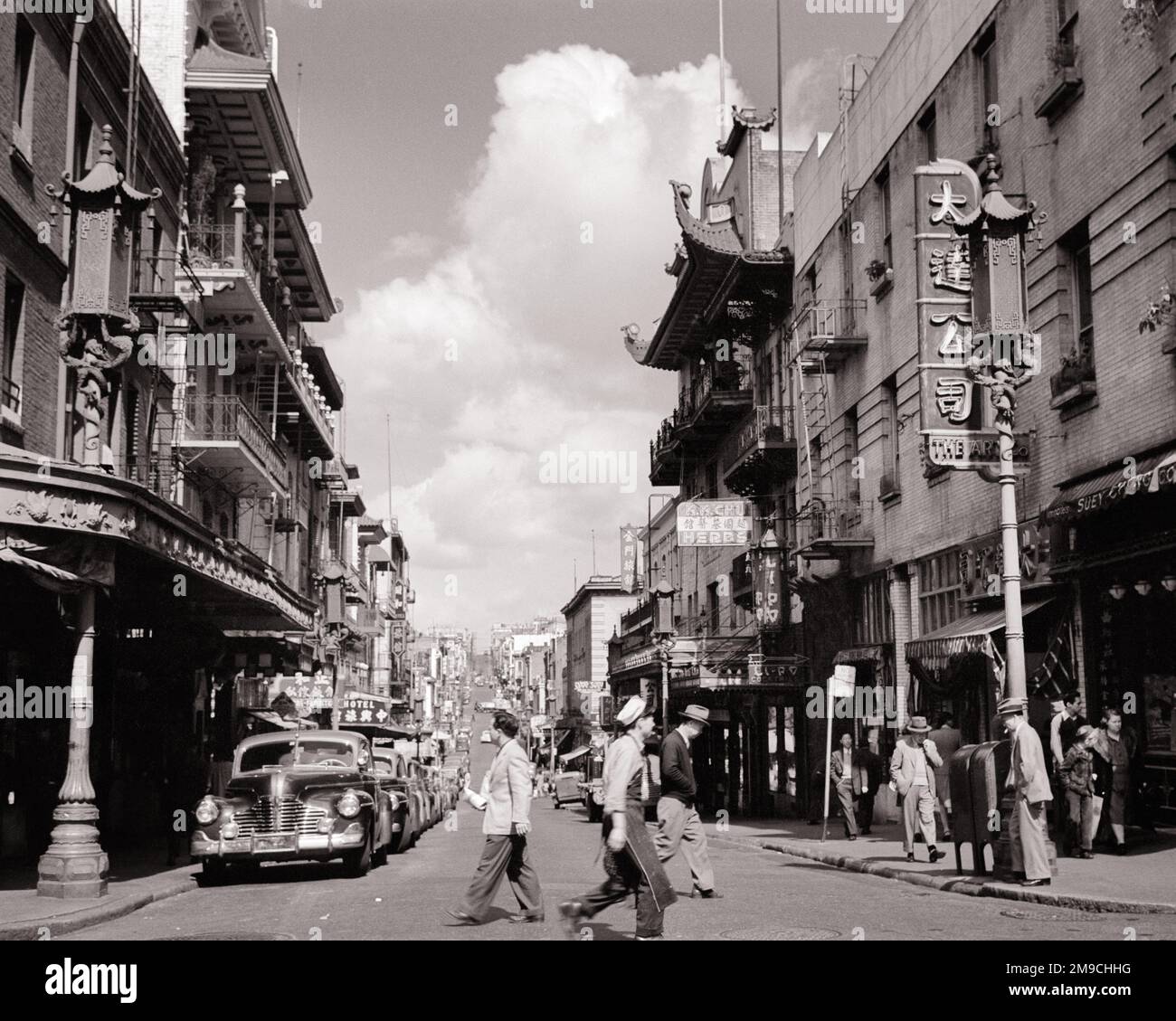 1940s 1950s CHINATOWN STREET CORNER PEDESTRIANS AUTOMOBILES BUILDINGS ...