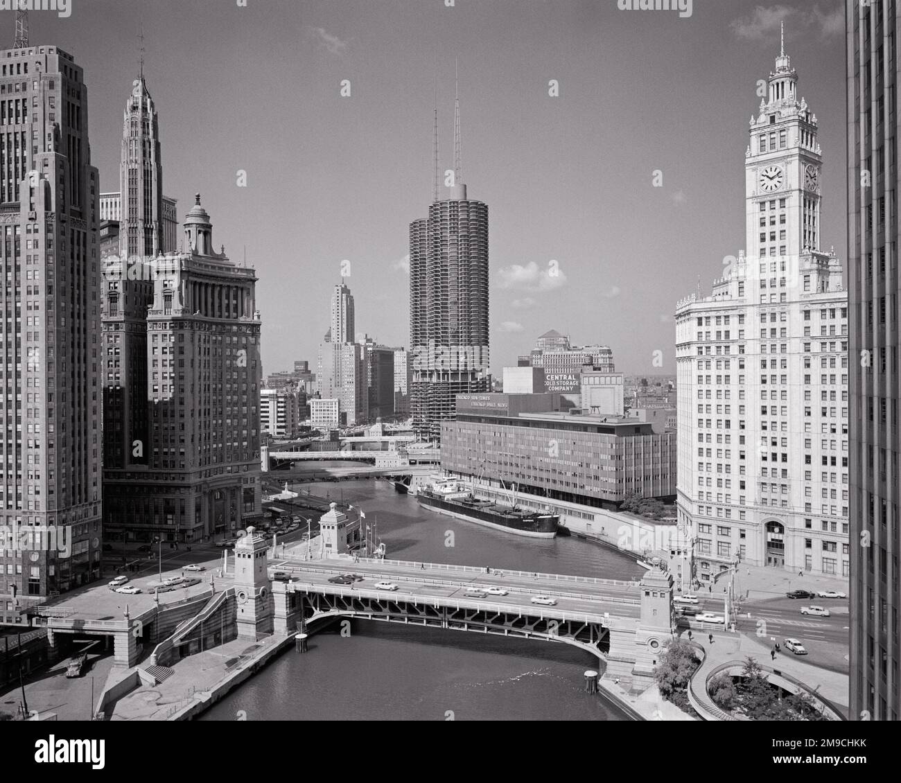 1960s VIEW OF SKYSCRAPERS ALONG THE CHICAGO RIVER MICHIGAN AVENUE ...