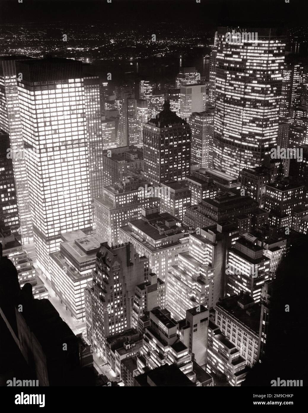 1960s NIGHT ELEVATED VIEW OF NYC BUILDINGS LOOKING SOUTHEAST FROM 49TH ...