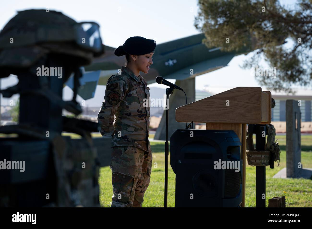 Senior Airman Dianna Barcenas, 99th Security Forces Squadron, speaks ...