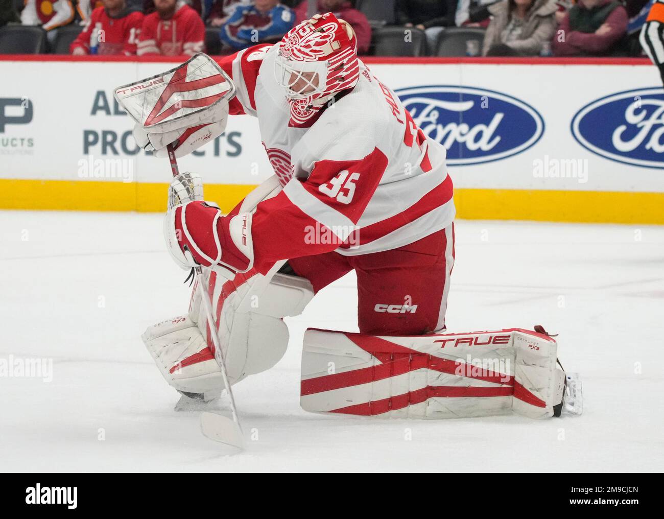 Detroit Red Wings goaltender Ville Husso (35) in the first period of an ...