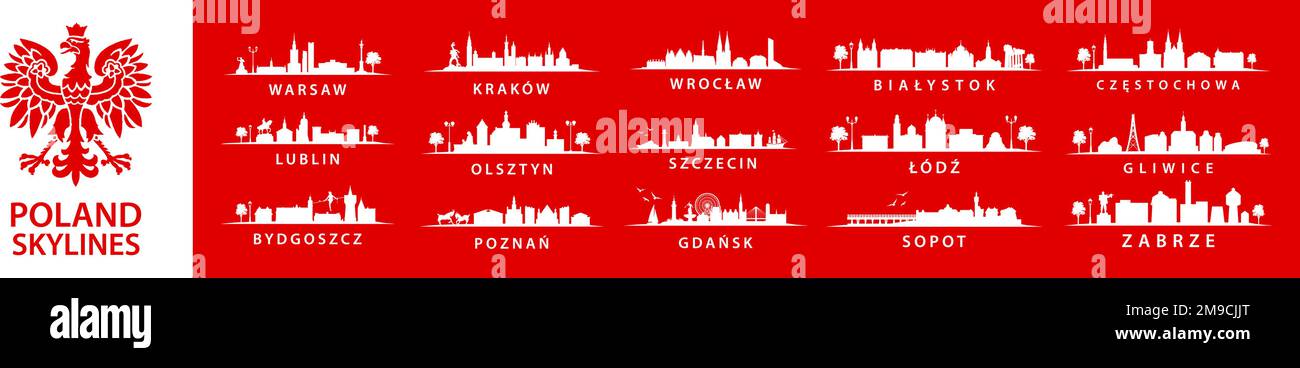 Set of polish skylines. Collection of big cities in Poland, eastern ...