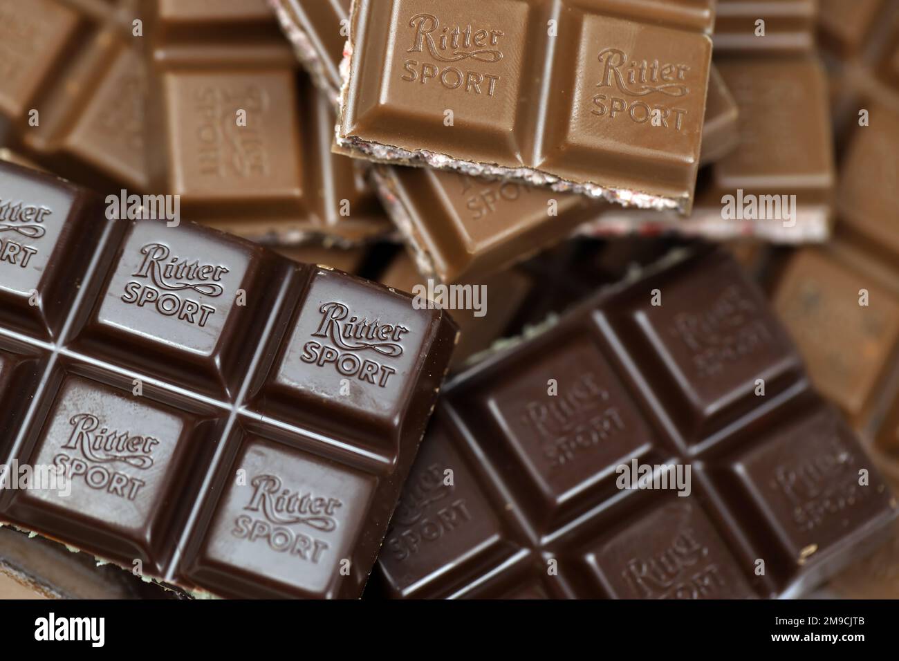 KYIV, UKRAINE - MAY 4, 2022 Ritter Sport chocolate bars with various ...