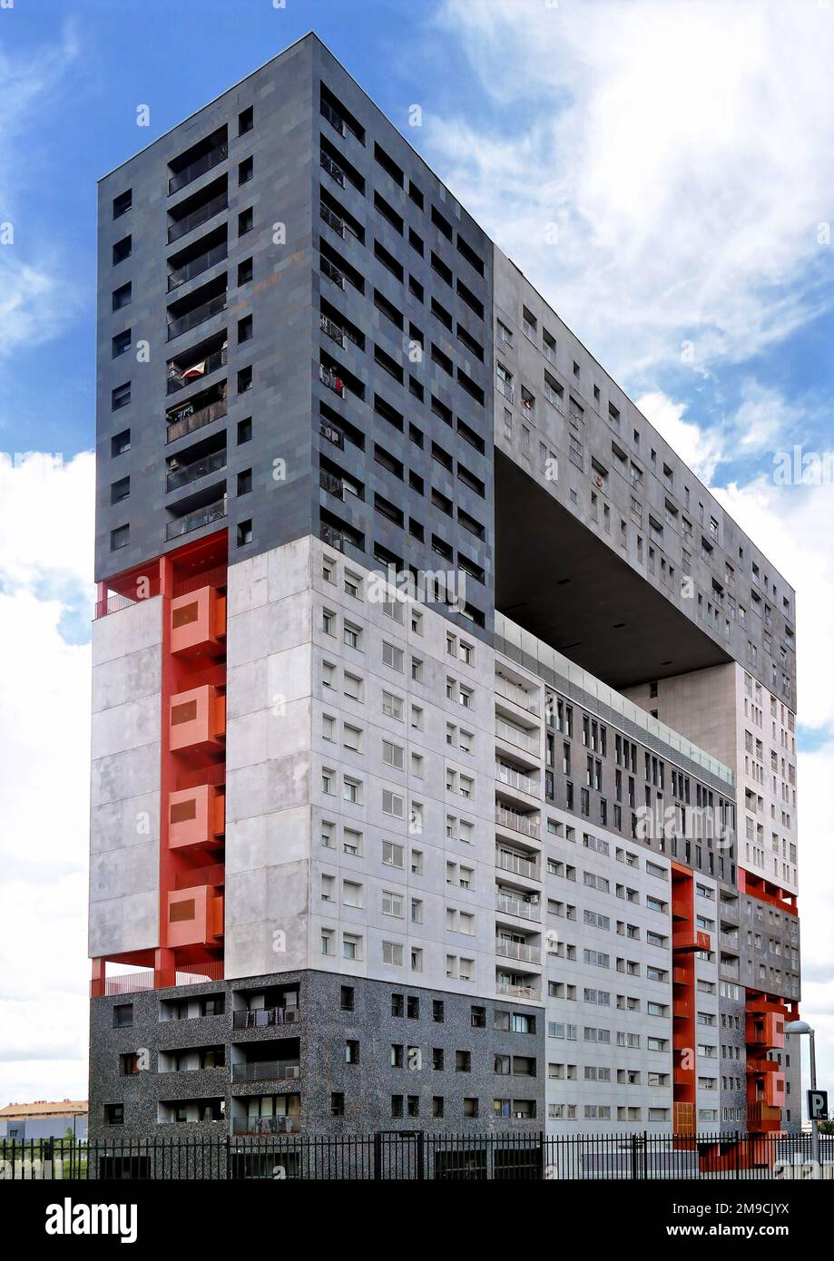 Madrid, Spain - May 2018: The facade of the apartment building Edificio Mirador, a postmodern ...