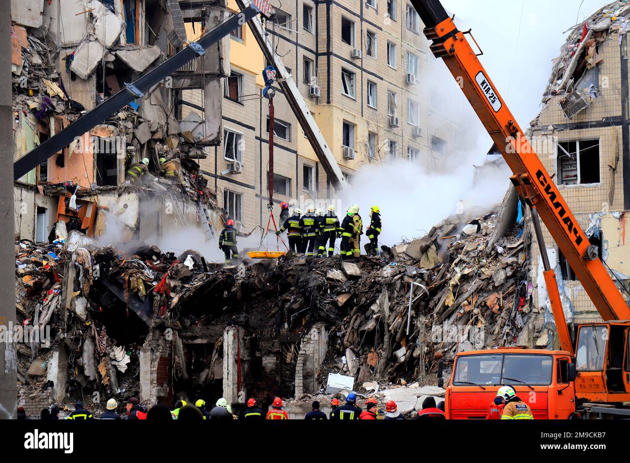 Russian missile strike on apartment building in Dnipro, Ukraine. Rocket ...