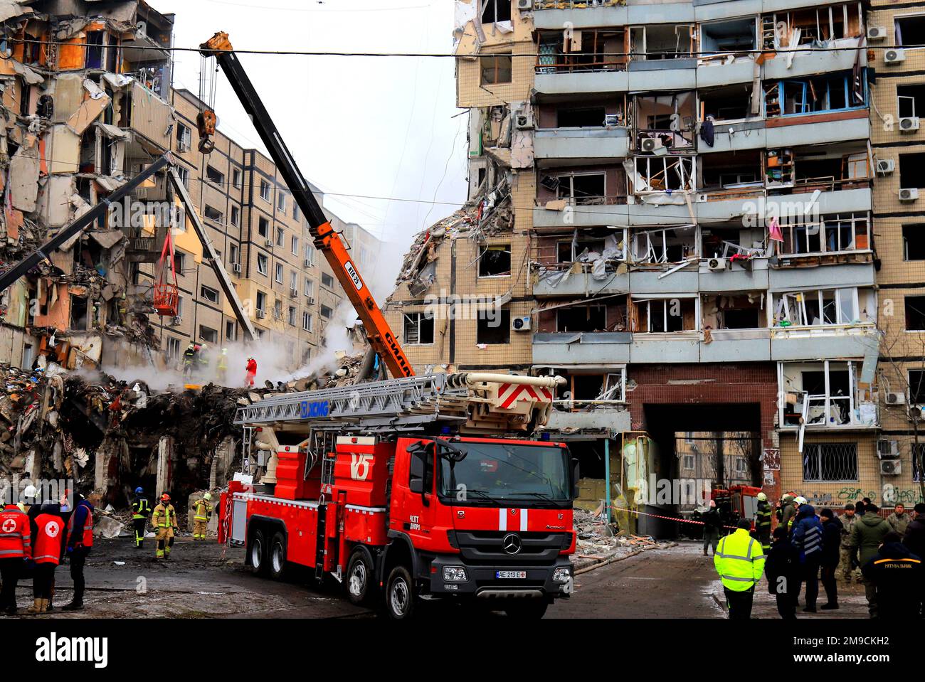 Russian missile strike on apartment building in Dnipro, Ukraine. Rocket ...