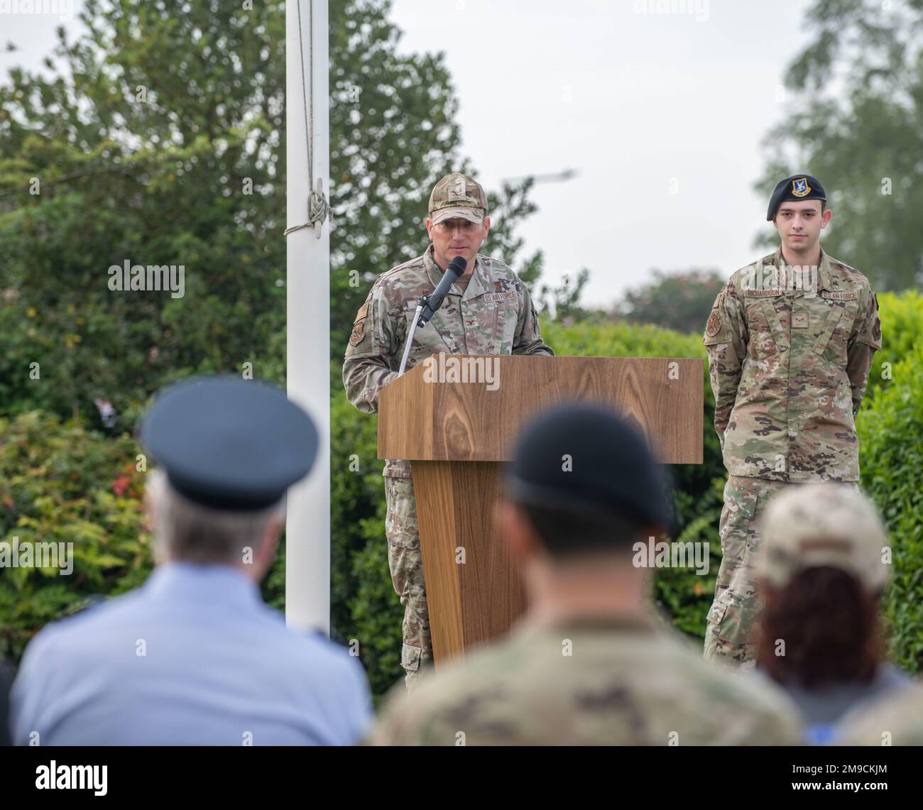 U.S. Air Force Col. Richard Martin, 423d Air Base Group Commander, delivers remarks during ...
