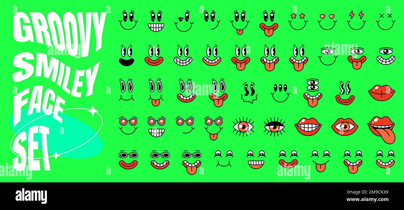 Hippy groovy smile character set. Retro crazy emoji collection. Hippie psychedelic smiley faces ...