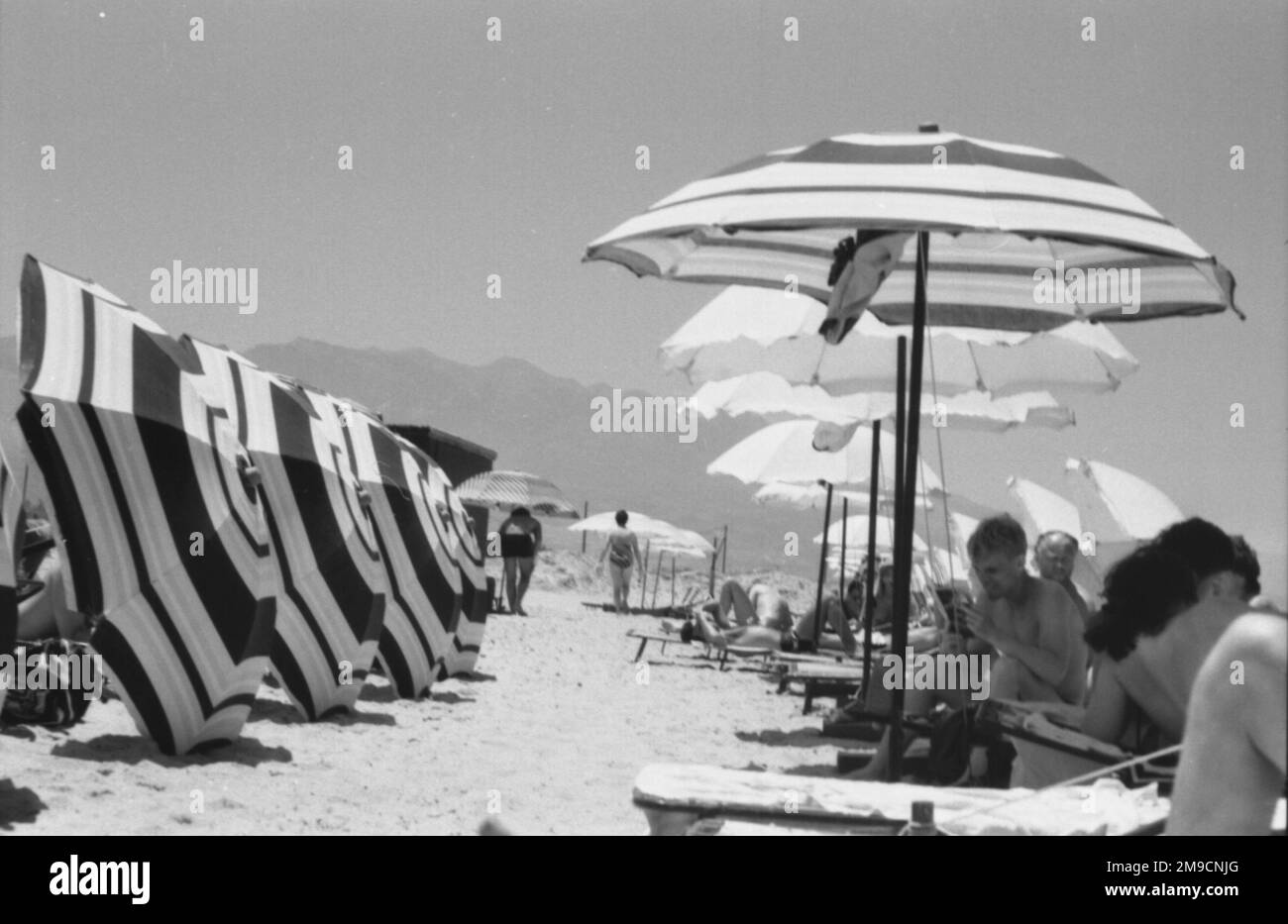 Sunbathers lie under large striped sun shade umbrellas on a fine beach ...