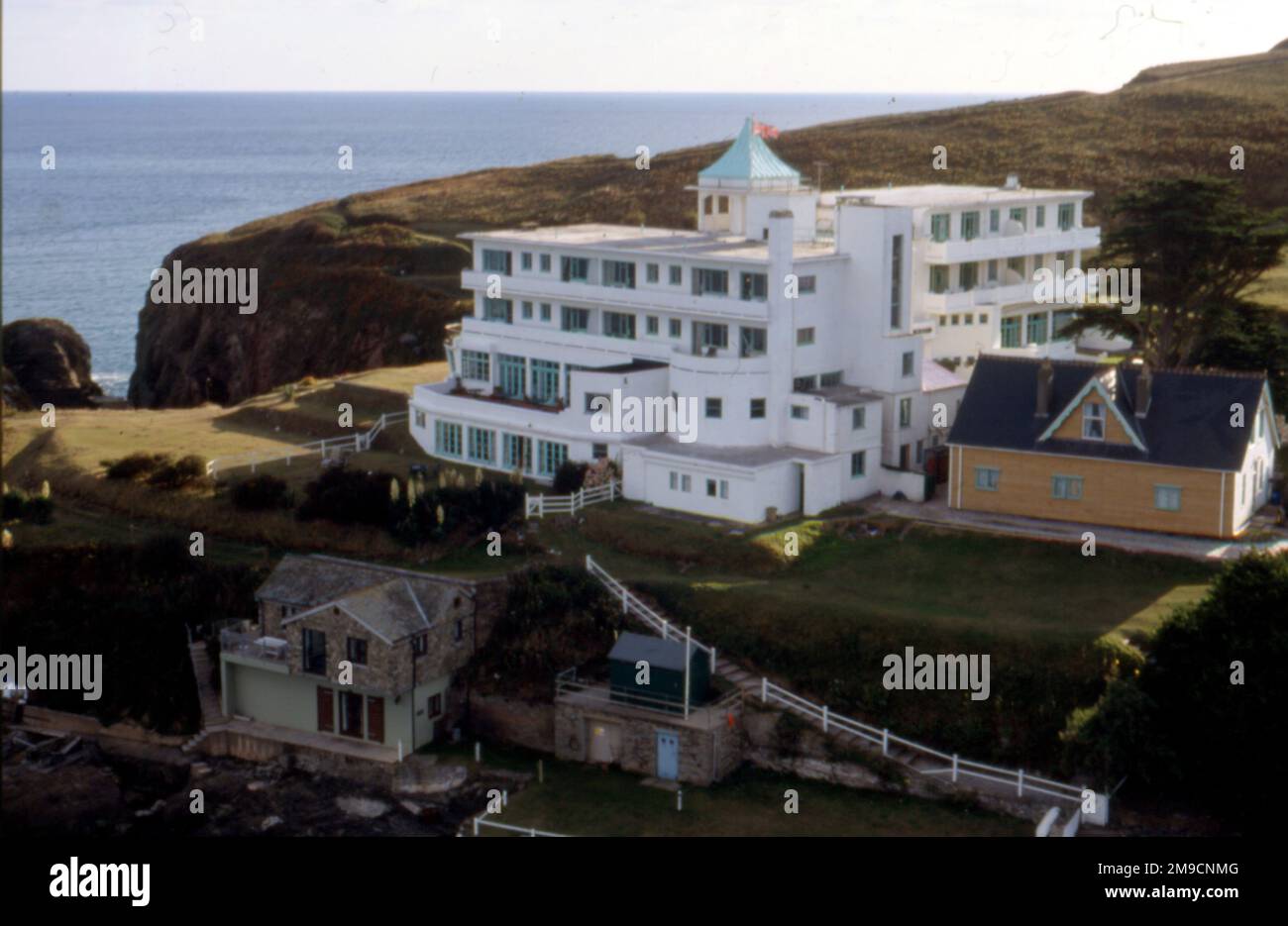 Aerial view of the art deco Burgh Island Hotel, off the south coast of ...