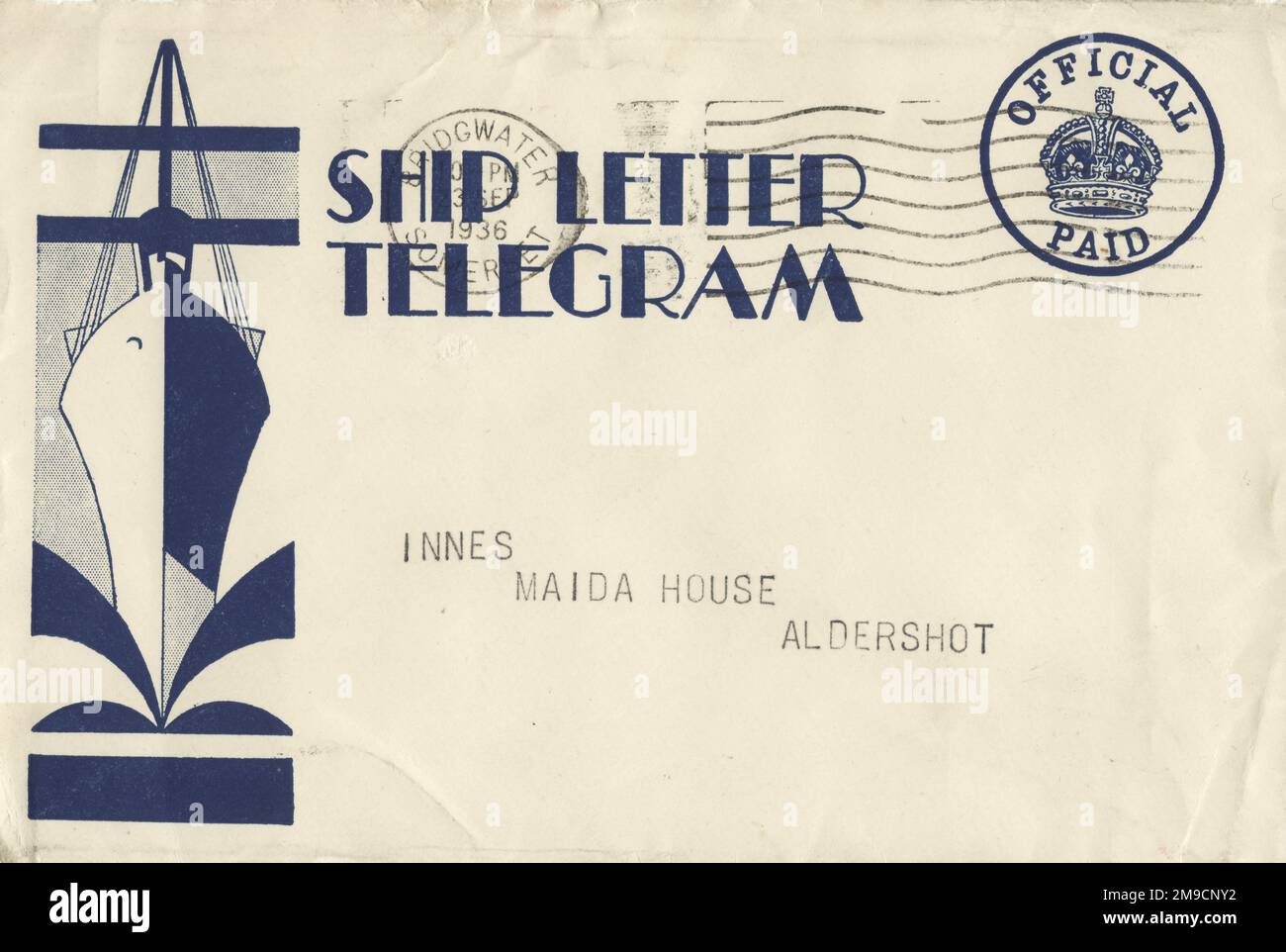 Envelope of a ship letter telegram, with a stylish ship design on the ...
