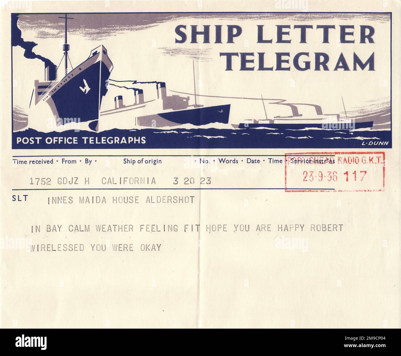 A ship letter telegram, with message. At the top is a stylish design ...