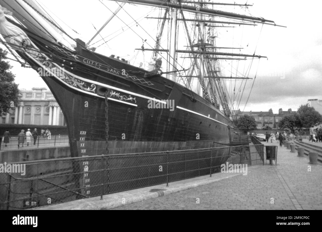 A view of the Cutty Sark in dry dock near the Thames in Greenwich ...
