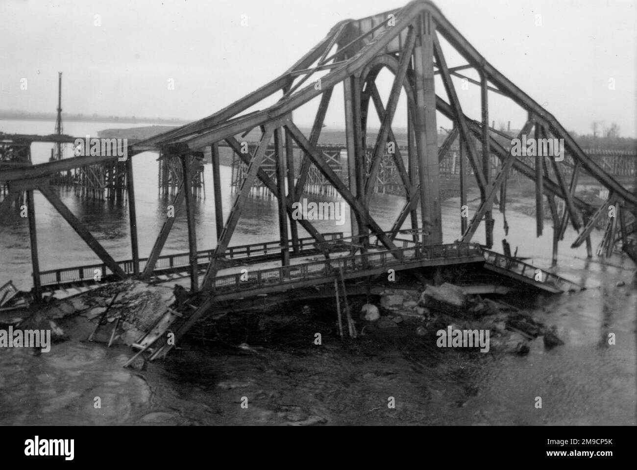 A destroyed bridge on the northern Rhine at Wesel, Germany ...