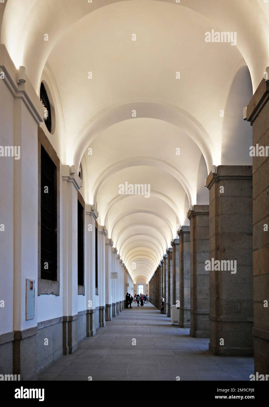 Madrid, Spain - May 2018: Inner arched colonnade passage around ...