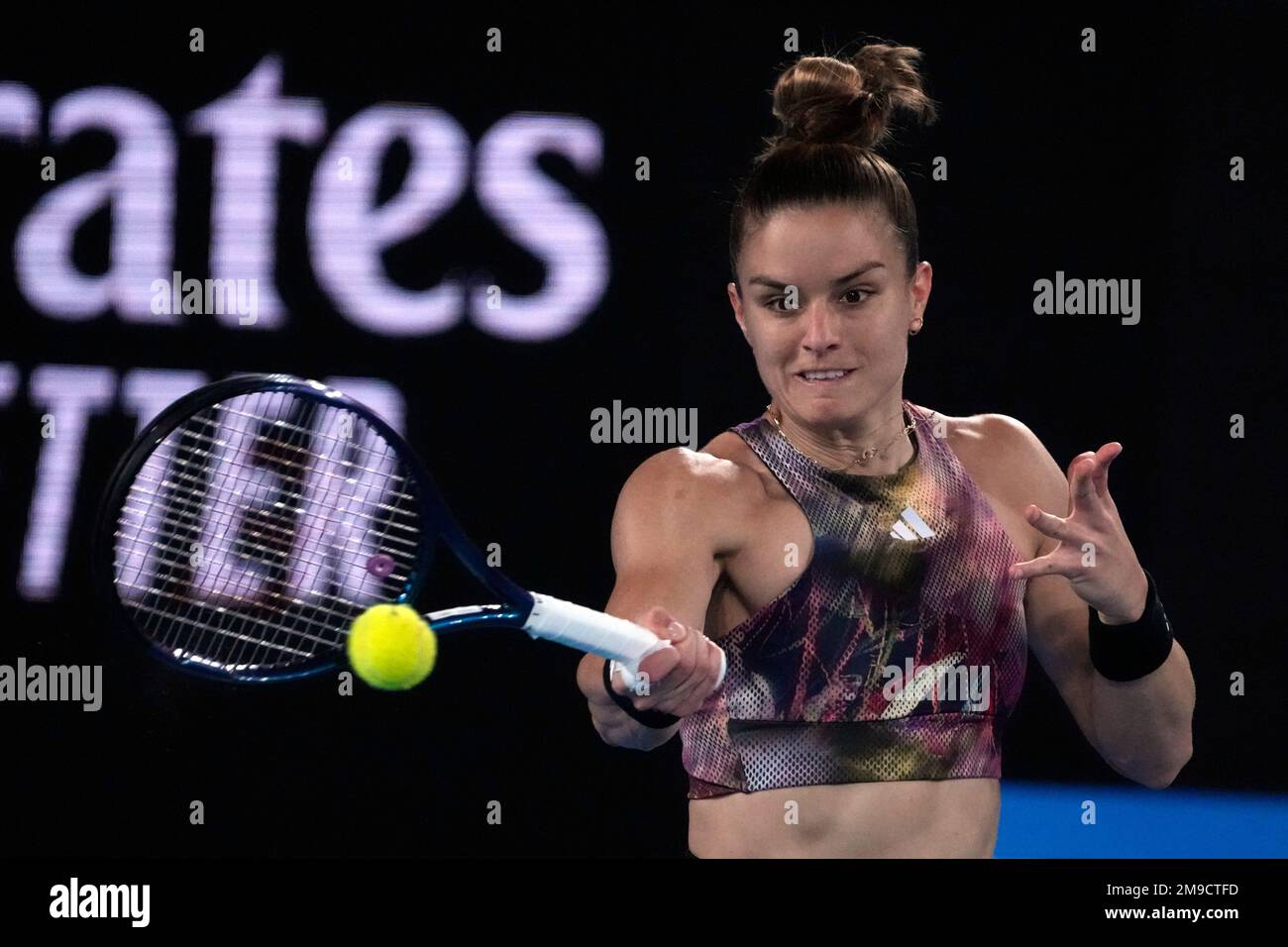 Maria Sakkari of Greece plays a forehand return to Diana Shnaider of Russia during their second ...