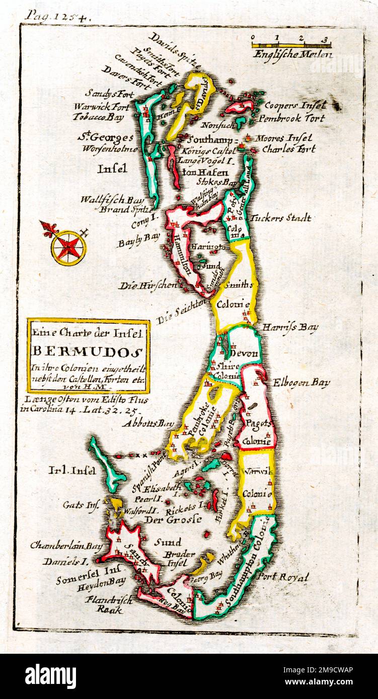 18th century Map of Bermuda with tribes, castles and forts Stock Photo ...