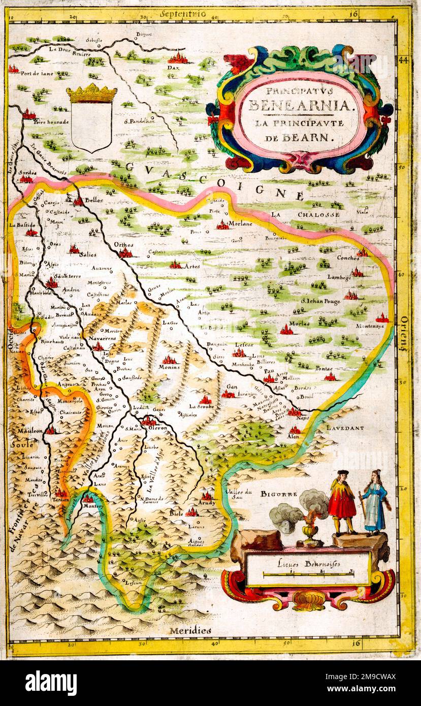 17th century Map of Benearnia, principality of Bearn, France Stock ...