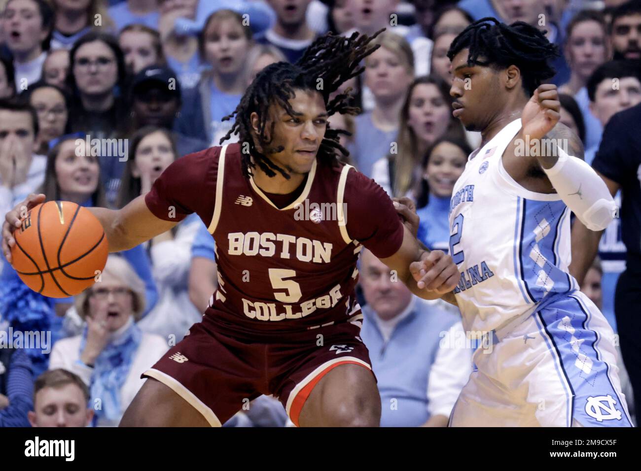 Boston College guard DeMarr Langford Jr. (5) works the ball against ...