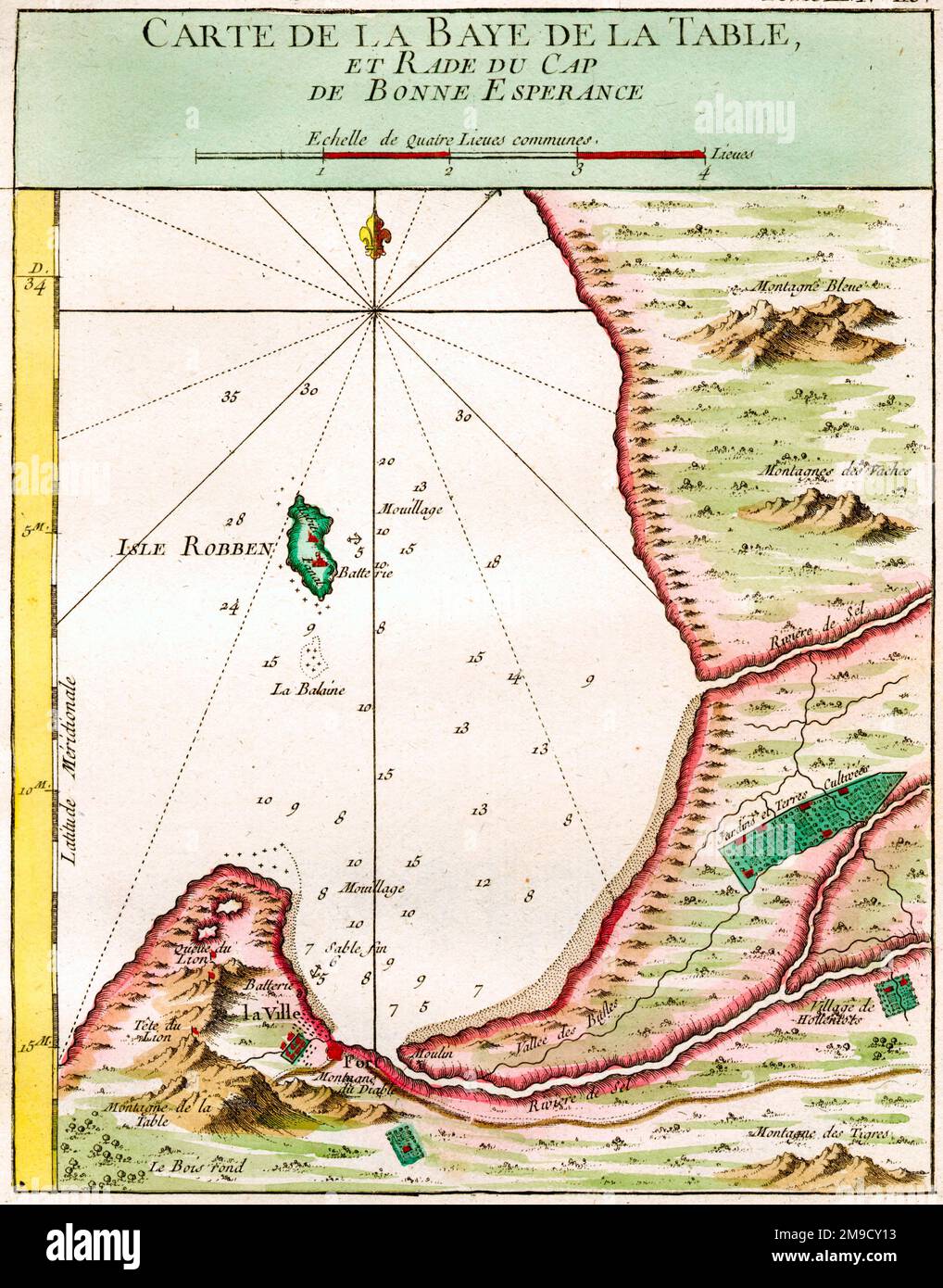 18th century map of Table Bay, Cape Town, South Africa including Robben ...