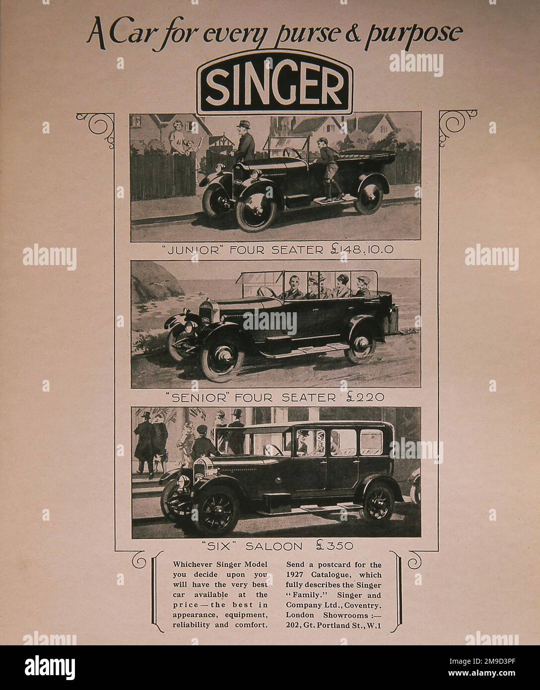 Advertisement for Singer brand saloon cars, 1927 Stock Photo - Alamy