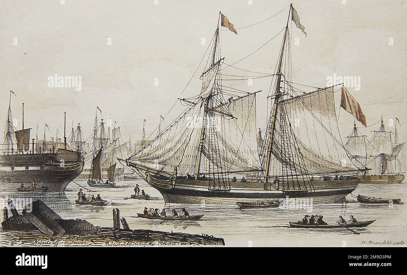Vessels off the Tower, engraving, Henry Moses, England, 1825 Stock ...