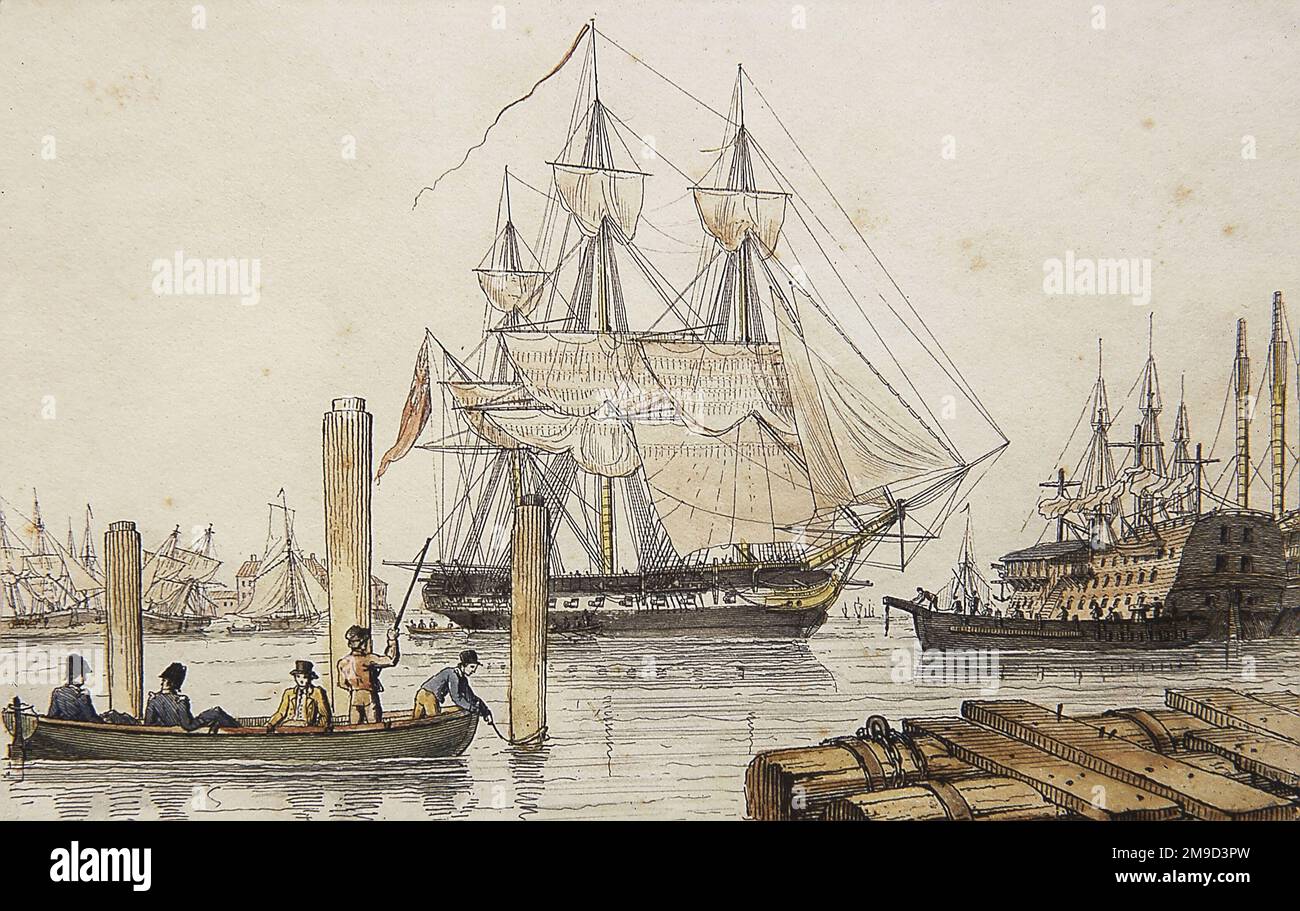 Officers of the Royal Navy being rowed out to their frigate, engraving ... Officers of the Royal Navy being rowed out to their frigate, engraving ...