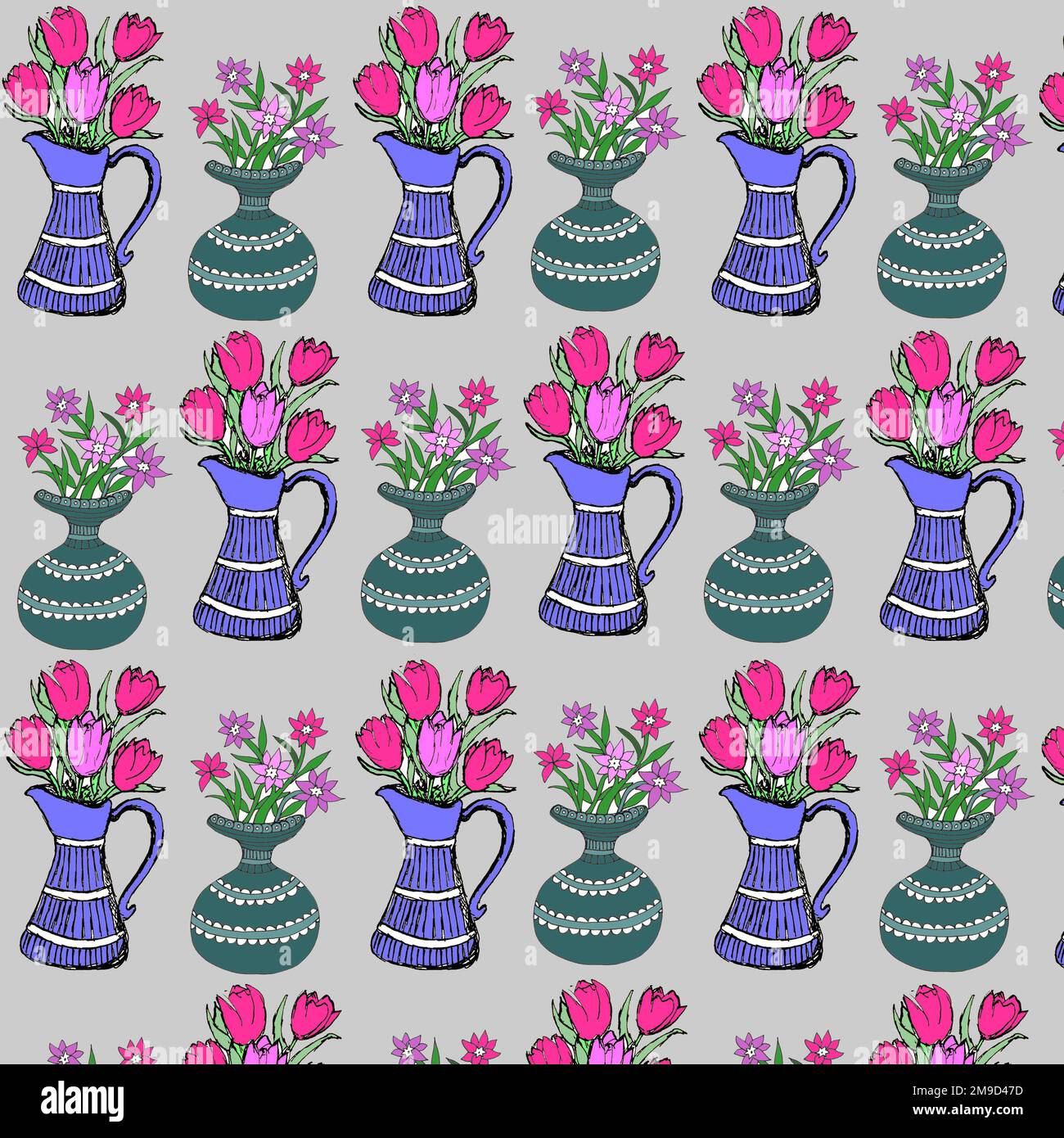 Vases with pink flowers pattern Stock Photo - Alamy