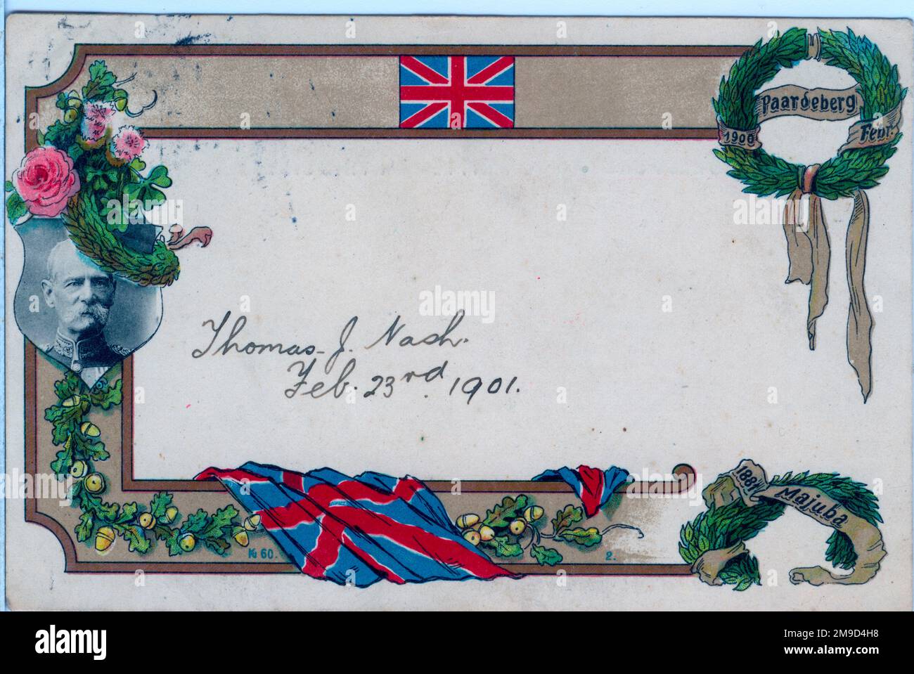 The card is bordered with flags and two wreaths within which are the ...