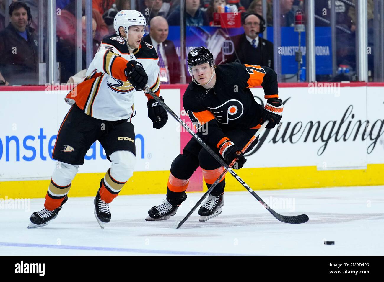 Anaheim Ducks' John Klingberg, left, and Philadelphia Flyers' Owen ...