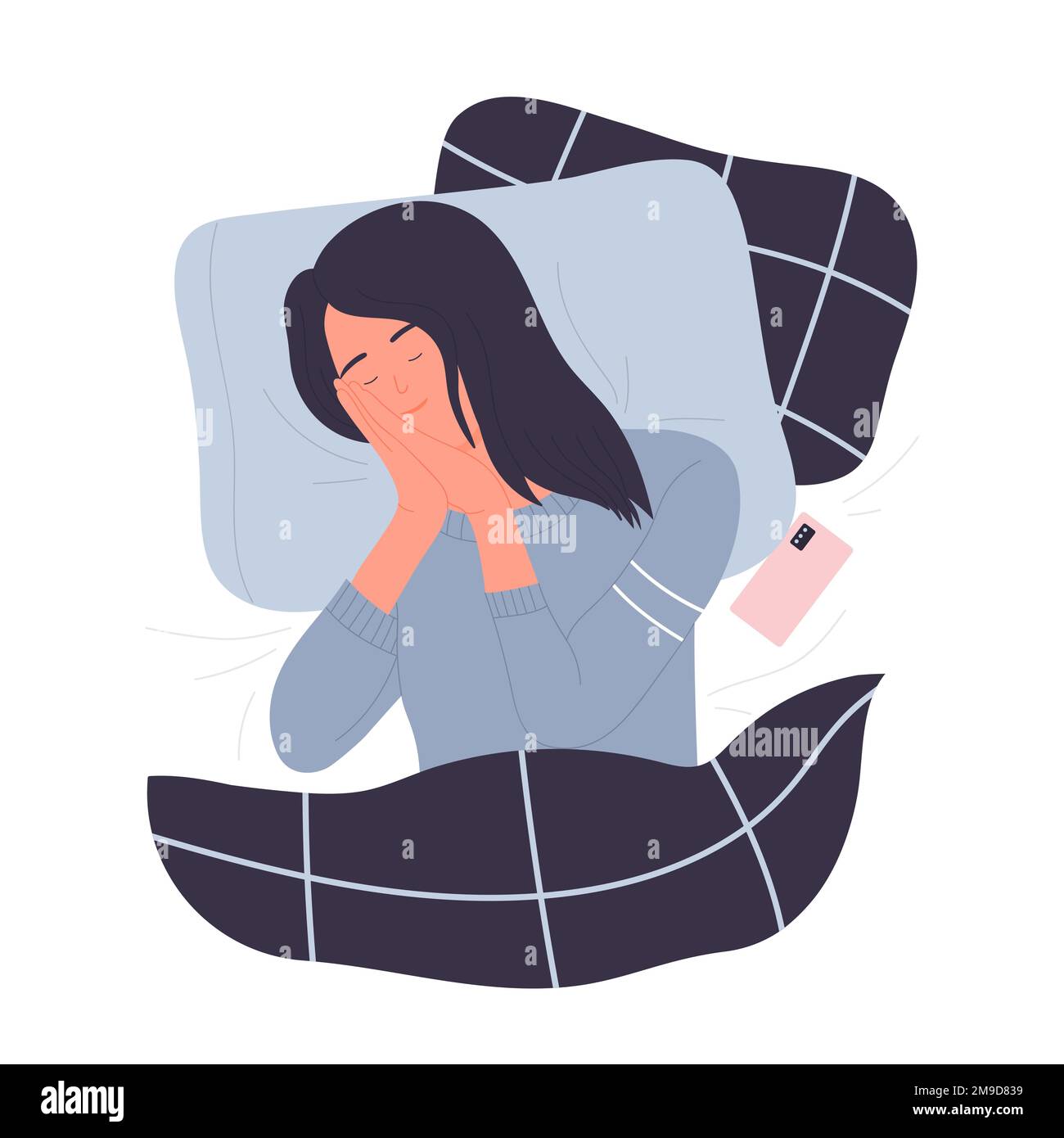 Sleeping girl with smartphone. Woman alone lying in bed, night dreaming ...