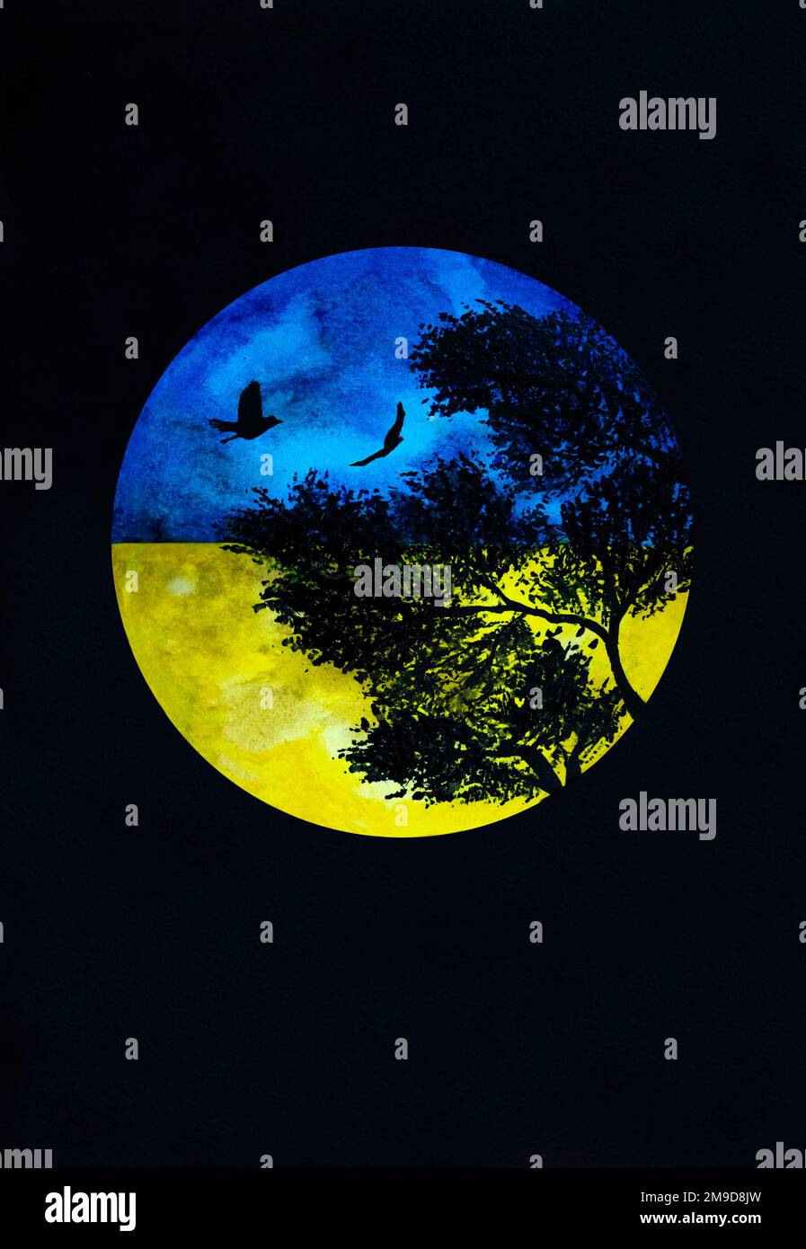 watercolor Full moon and silhouetted tree with birds in the night sky ...