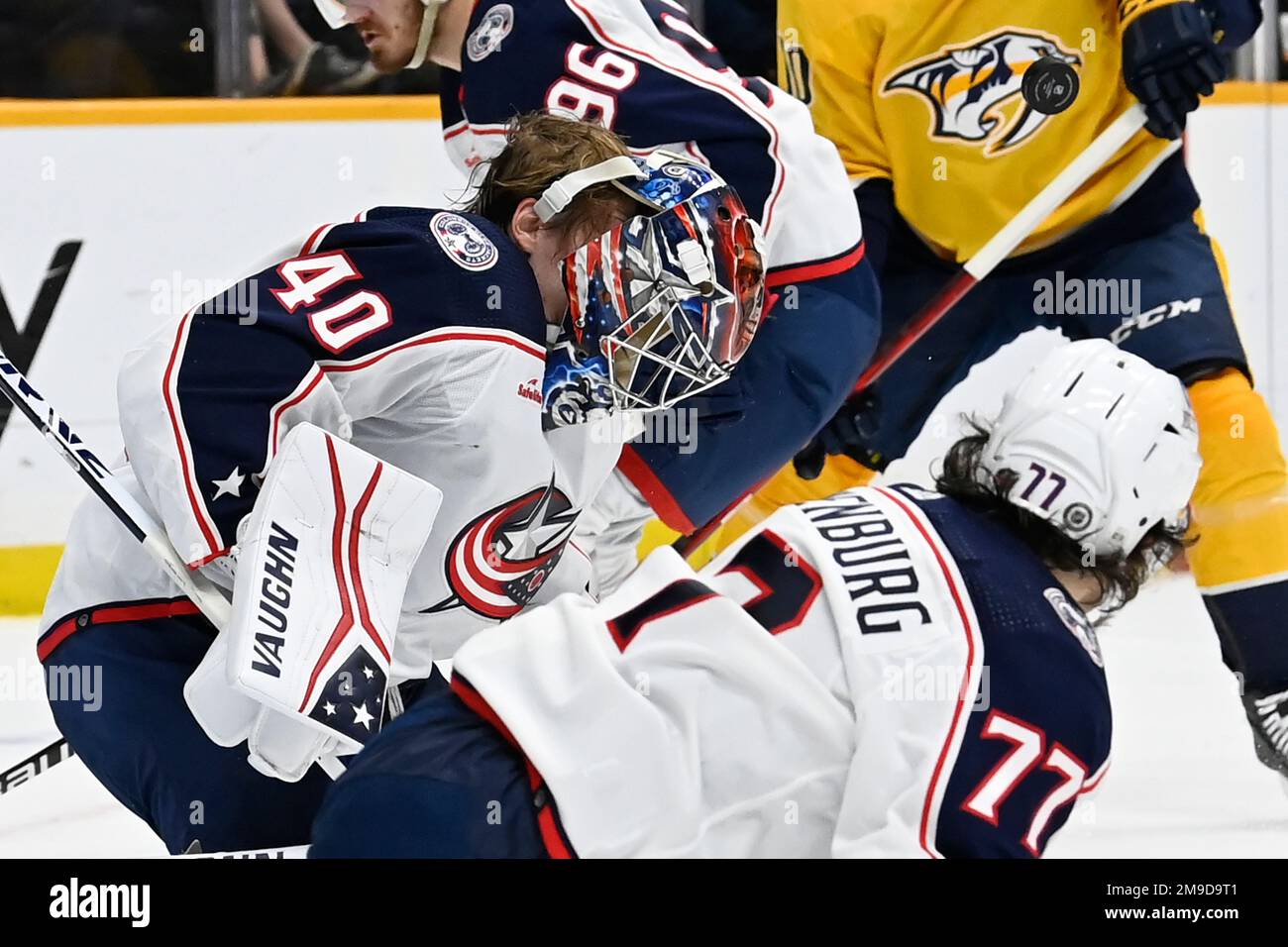 Columbus Blue Jackets goaltender Daniil Tarasov's mask comes off after ...