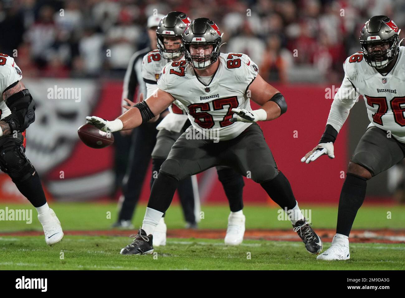 Tampa Bay Buccaneers guard Luke Goedeke (67) protects the pocket during ...