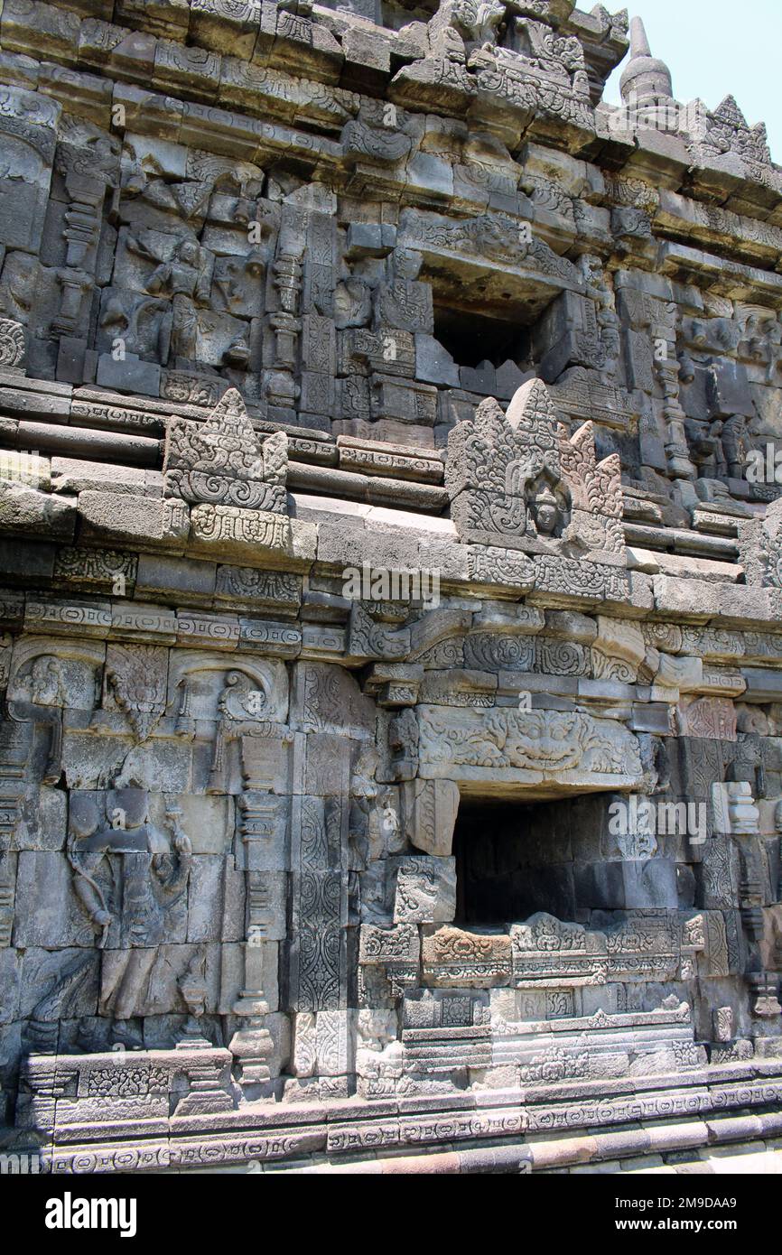 Carvings on Plaosan Buddhist temple wall in Java, Indonesia. Taken in ...