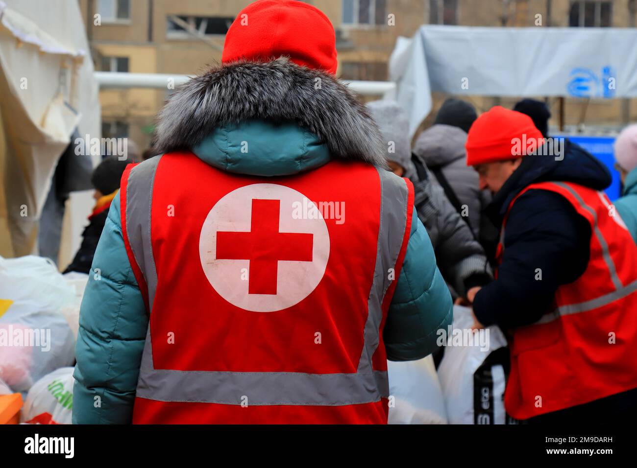 Dnipro Ukraine 2023-01-14. Red Cross volunteers help wounded near ...