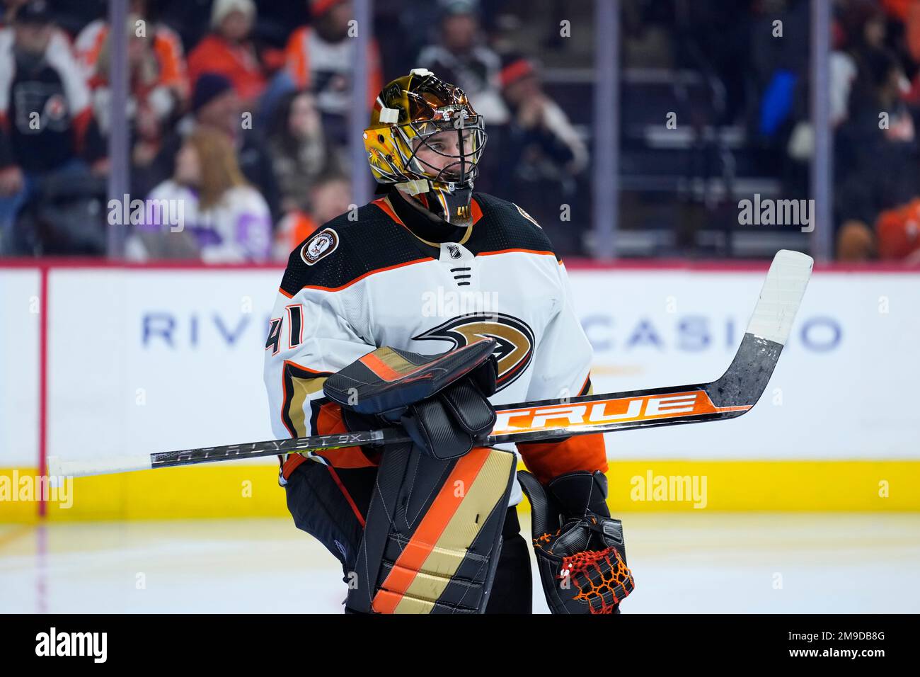Anaheim Ducks' Anthony Stolarz plays during an NHL hockey game, Tuesday ...