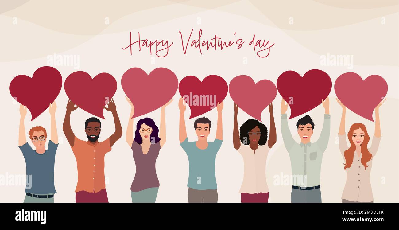 Group of men and women of different culture standing with arms raised ...