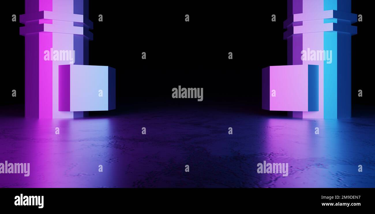 3d rendering of spaceship corridor blue purple background neon glowing ...