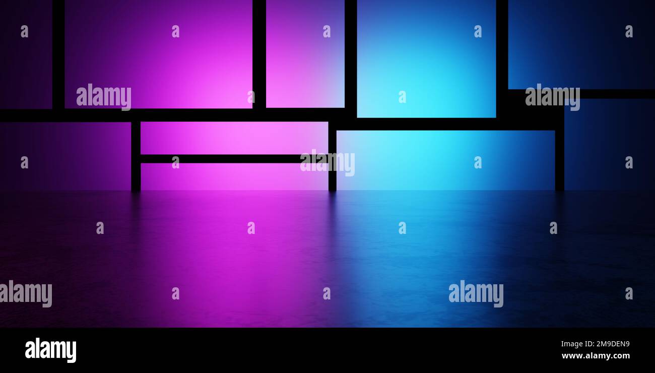 3d rendering of spaceship corridor blue purple background neon glowing ...