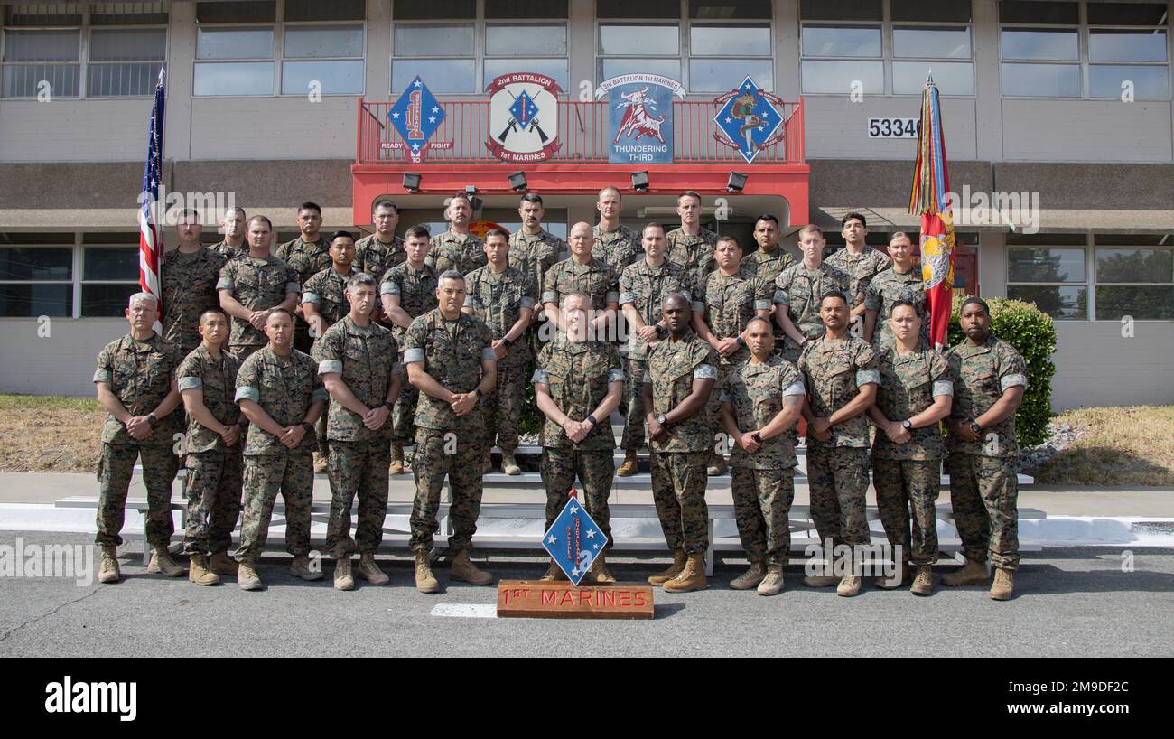 U.S. Marines with 1st Marine Regiment, 1st Marine Division, pose for a ...