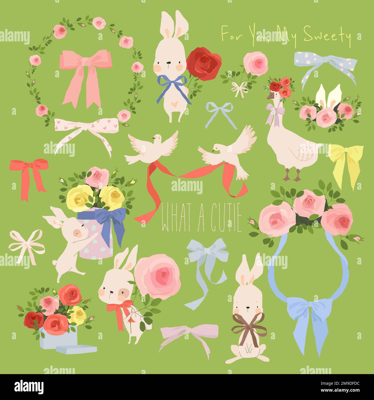 Cartoon Spring Bunnies with Roses and Bows Stock Vector Image & Art - Alamy
